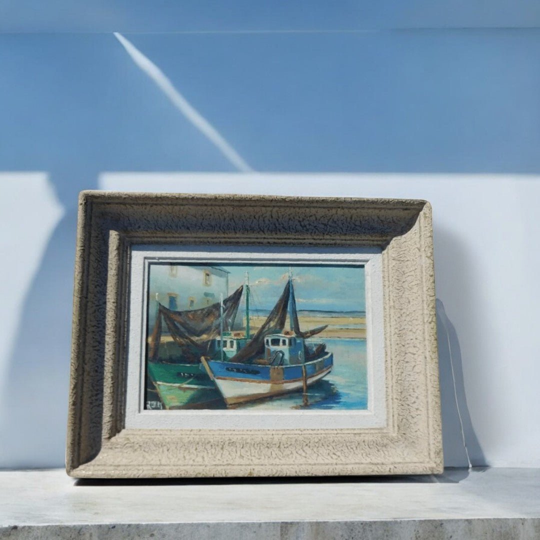 Tableau à Huile Bateaux Port Signé Reney - Ethic Atelier